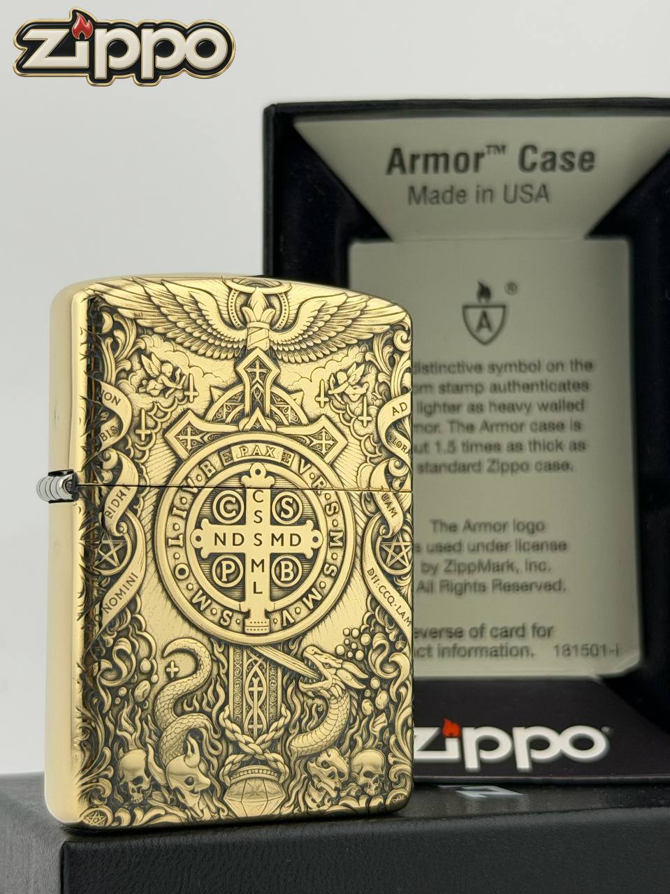 Зажигалка Zippo Архангел Михаил и Крест Святого Бенедикта — двусторонняя гравировка