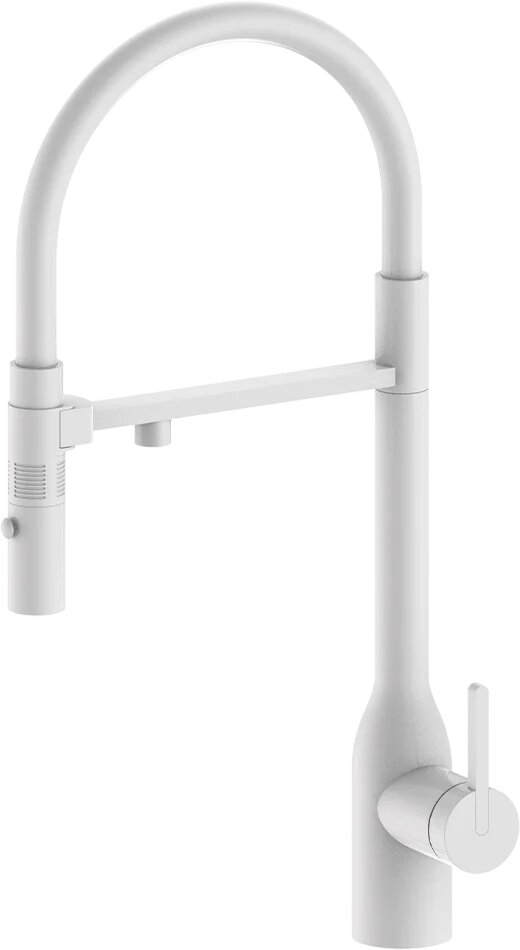 Смеситель для кухни Paulmark Magneto One Ma213188-WH с гибким изливом, с краном для питьевой воды, с поворотным изливом, белый, матовый, однорычажный, с керамическим картриджем