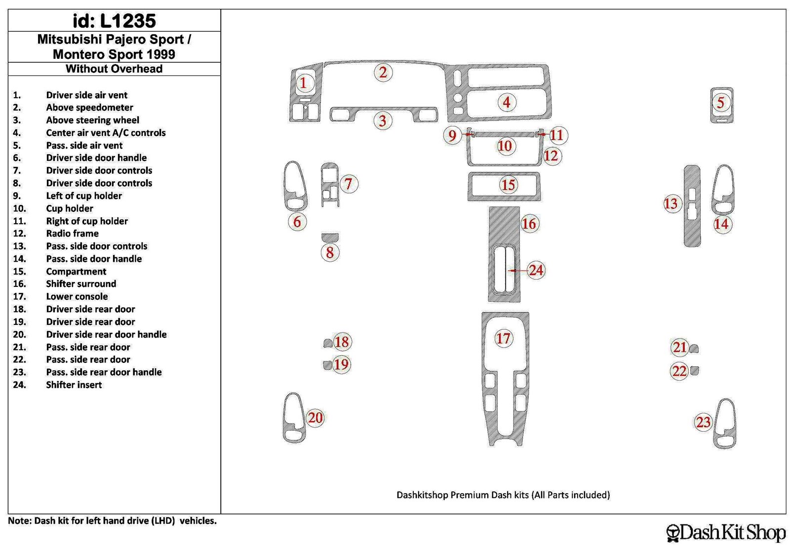 Декоративные накладки салона для Mitsubishi Montero Sport 1999-UP. Комплект L1235.