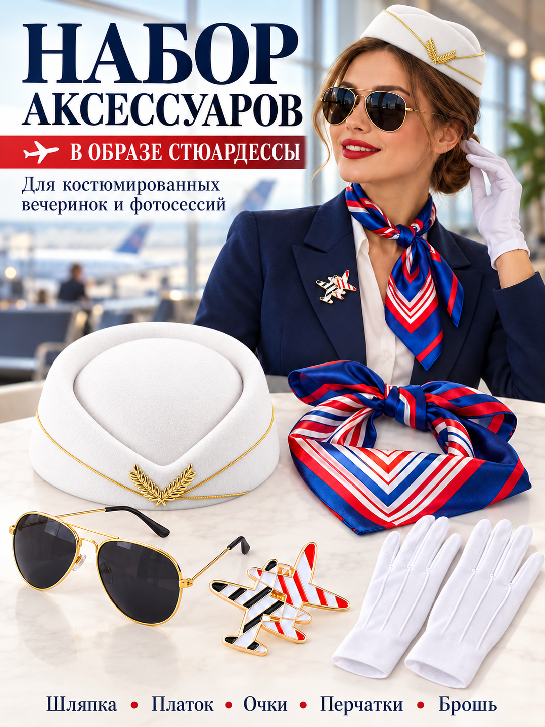 (1 комплект) Комплект стюардессы для вечеринок и балов, 5 штук белое