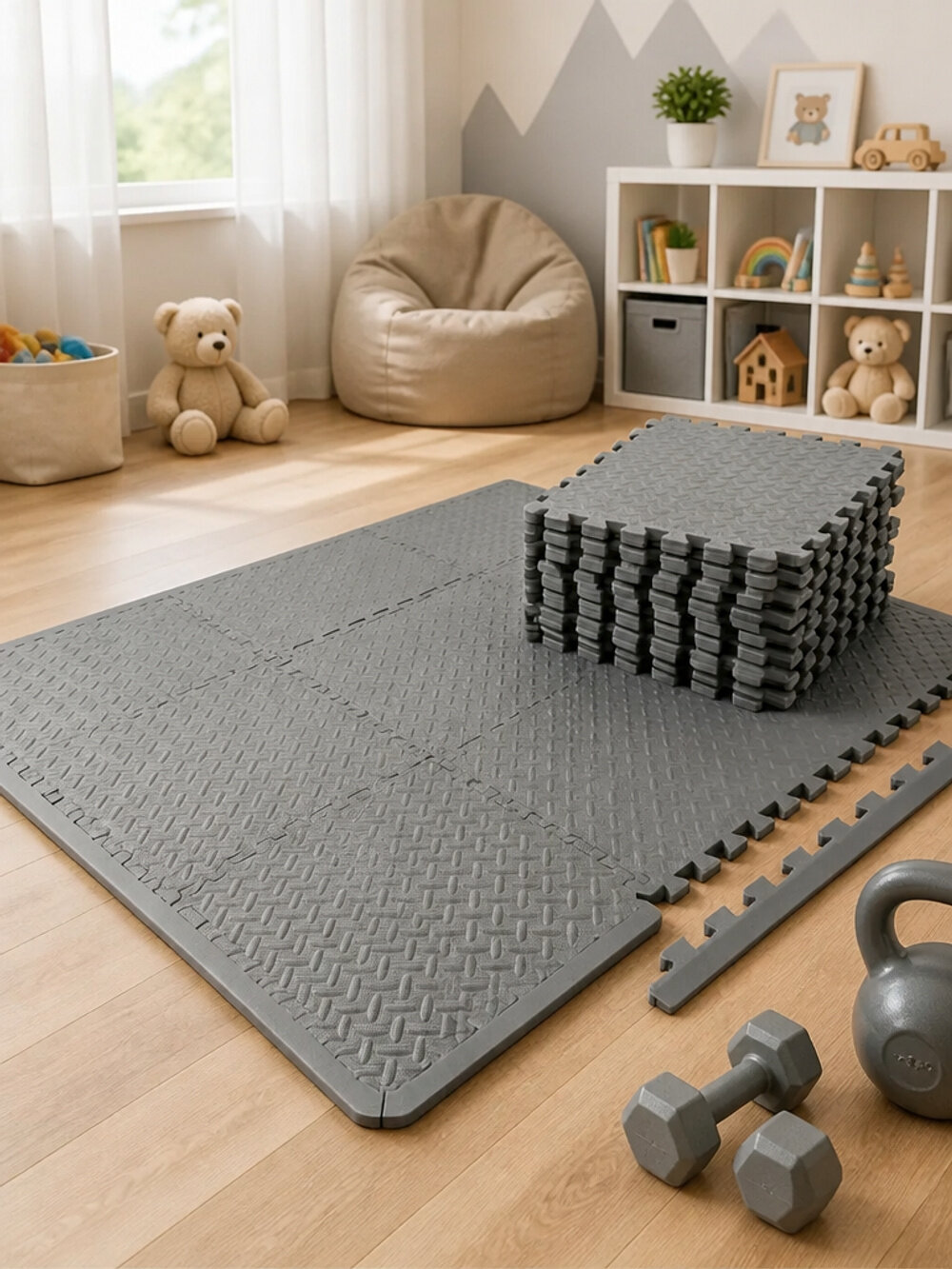 Серый модульный коврик-пазл ЭВА: 36 плиток 30×30 см, площадь 3,24 м², толщина 1 см
