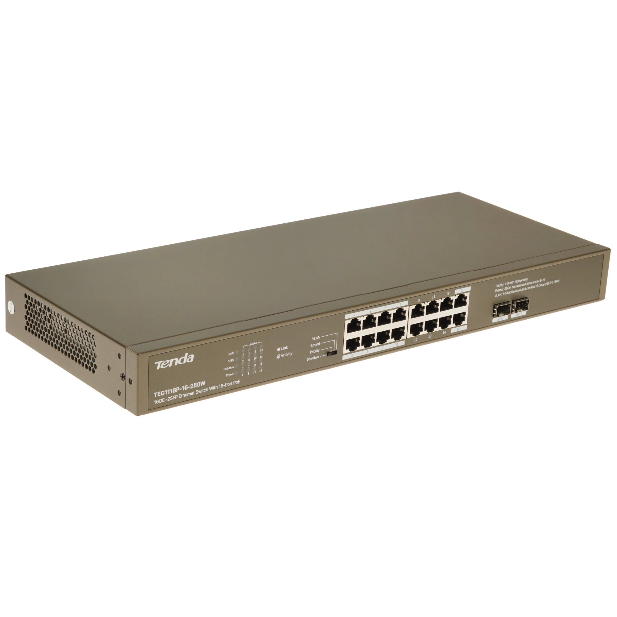 Коммутатор неуправляемый TENDA 16PORT RJ - 45 TEG1118P-16-250W