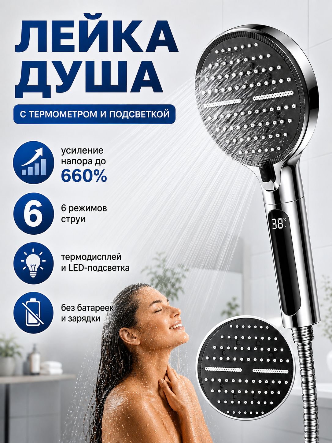 Лейка для душа с цифровым термометром и LED-подсветкой, 6 режимов струи, усиленный напор, G1/2, серебристая