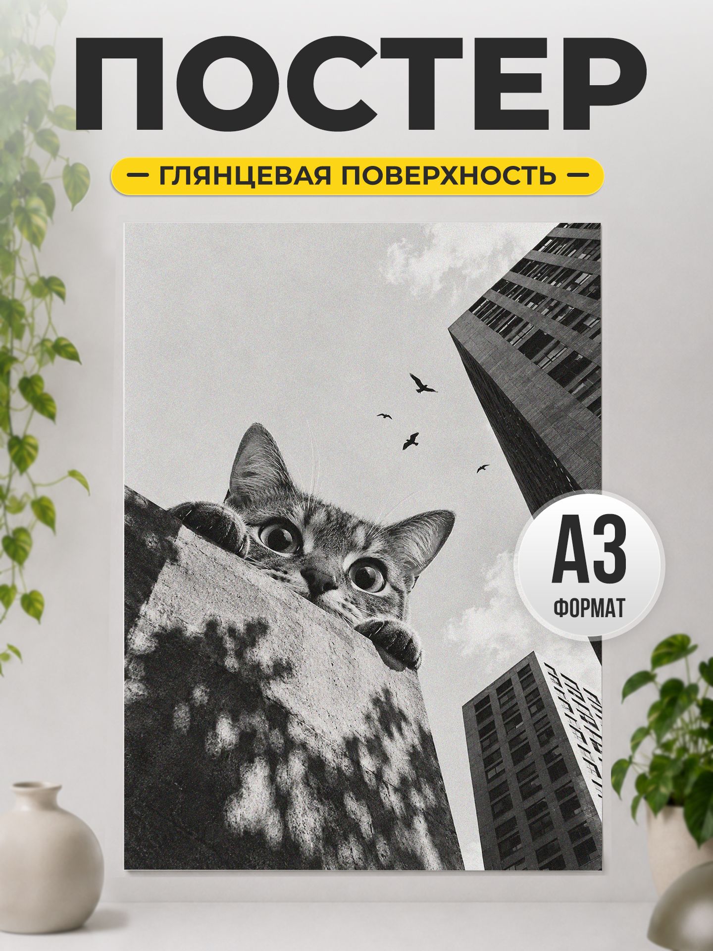 Постер с котом в городе черно-белый декор комнаты