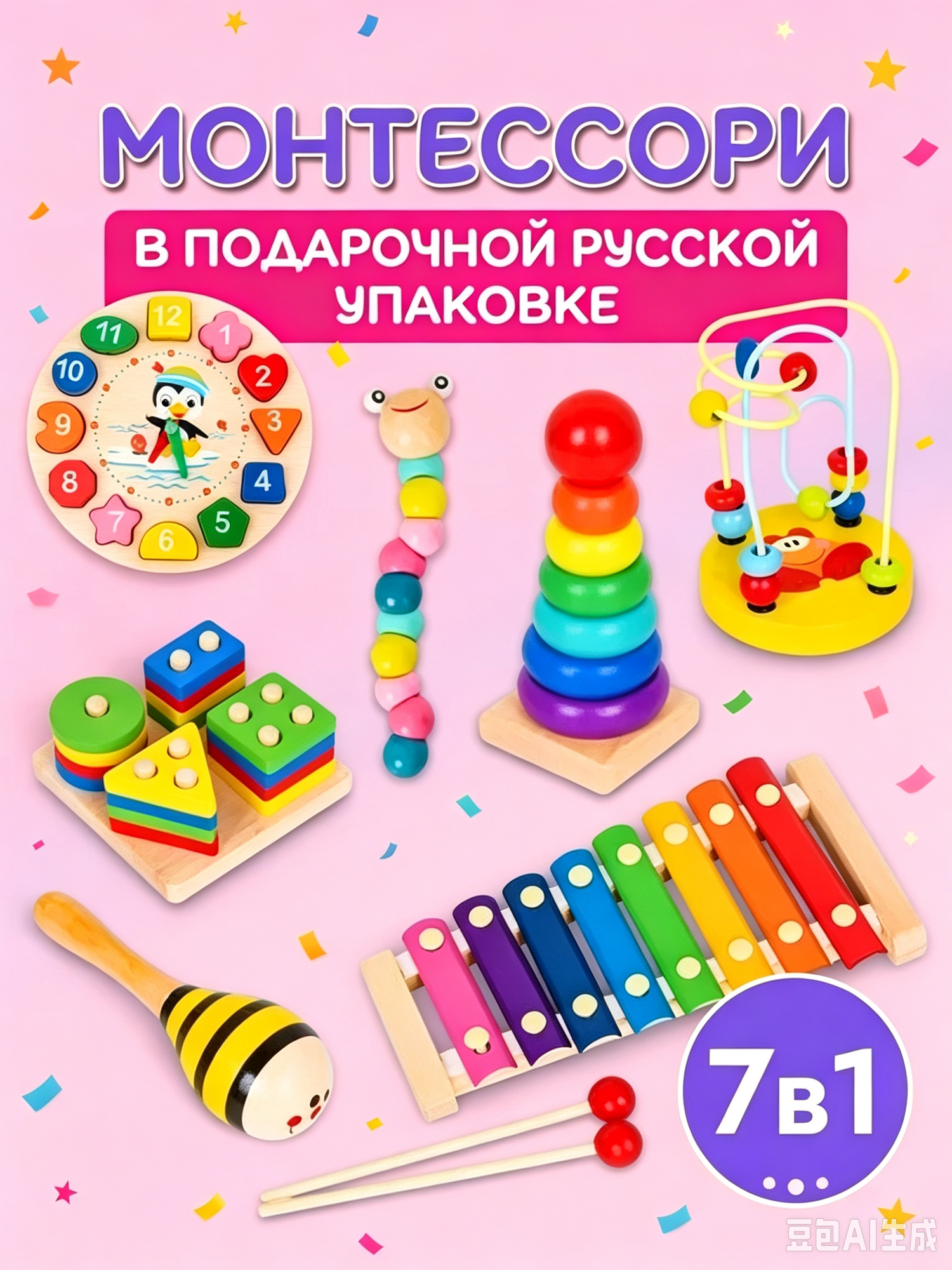 Деревянный набор Монтессори 7 в 1, развивающие игрушки для малышей, набор для раннего развития