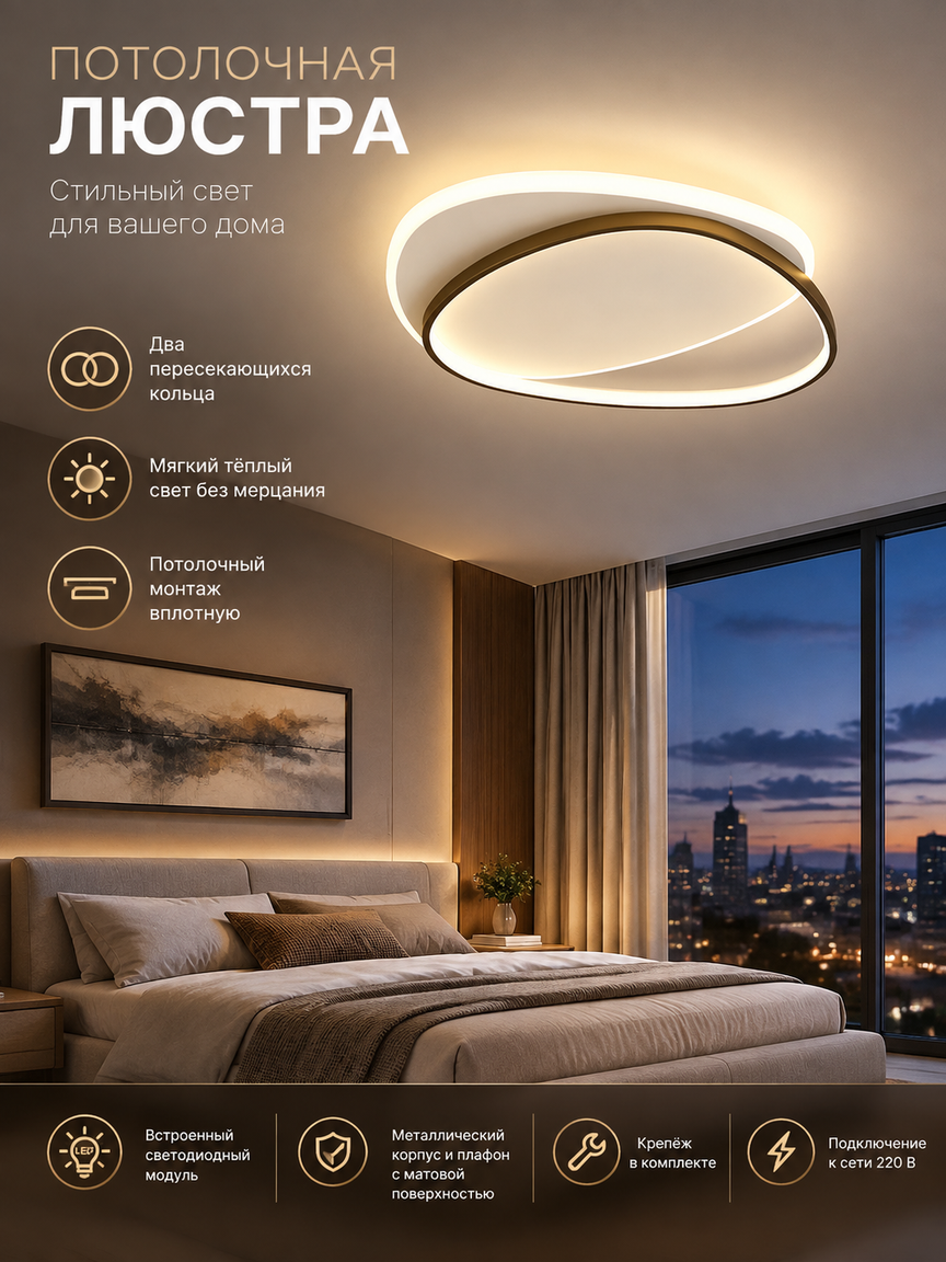 Потолочная люстра с LED-подсветкой, круглый светильник с золотой арматурой и белым плафоном