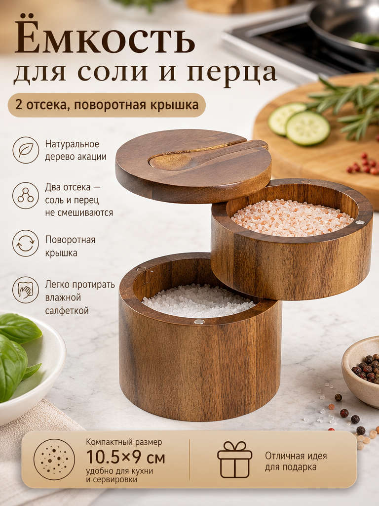 Емкость для соли и перца из акации, 2 отсека, поворотная крышка, 10.5х9 см, деревянная