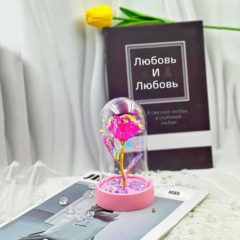Декоративная пластиковая роза в стеклянном куполе с LED-подсветкой, винтажный стиль, розовый цвет, 1 шт.