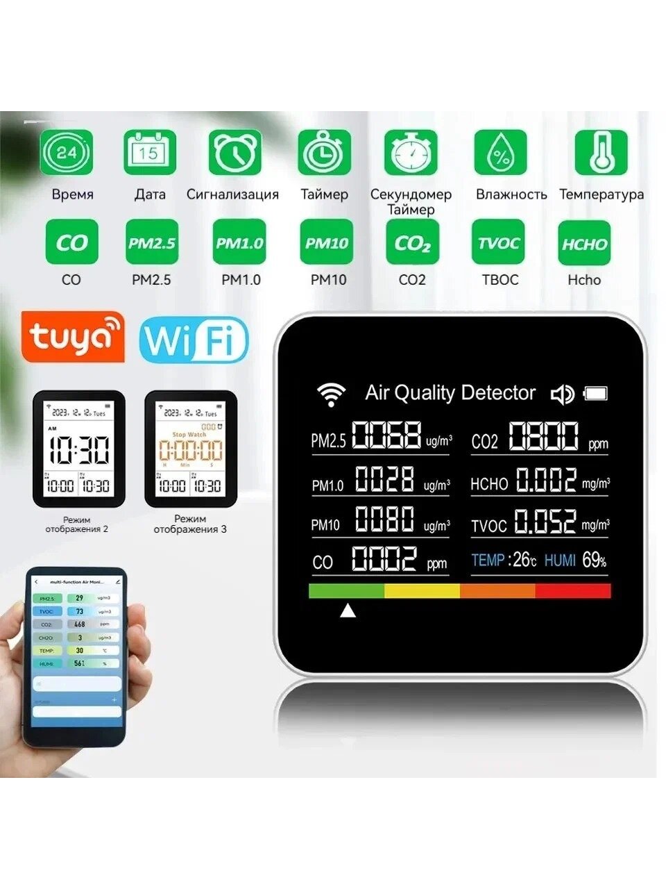 Tuya Wi-Fi Smart многофункциональный датчик качества воздуха "9в одном", Может определять CO, CO2