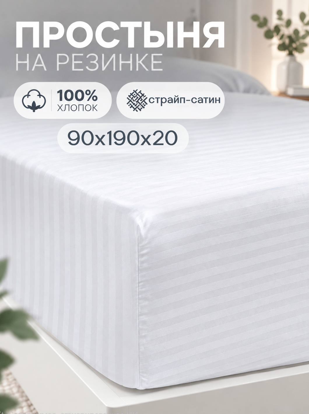 Простыня на резинке Кружева Белый страйп-сатин 90х190х20 см