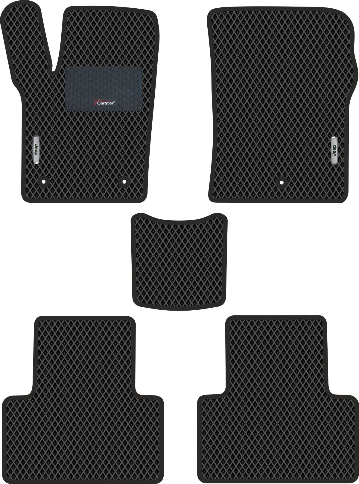 Автомобильные коврики EVA для Jeep Grand Cherokee IV дорестайл (2010-2013), с каучуковым подпятником и 2 эмблемами Jeep, чёрные с чёрным кантом, ячейка - ромб