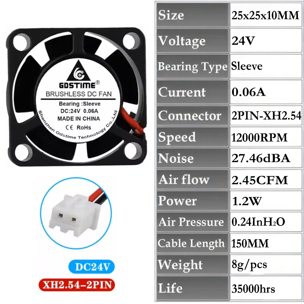 Вентилятор Gdstime DC24V 25x25x10, GDA2510, Sleeve,1 шт.