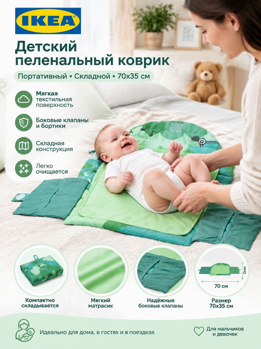 Портативный складной пеленальный коврик 70x35 см для новорожденных, мягкий матрасик зеленый