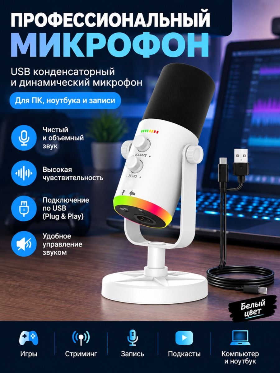 Веб-микрофон USB Динамический Конденсаторный: Type-C, RGB Подсветка, Для ПК Ноутбука, Записи Голоса, Подкастов, Игр