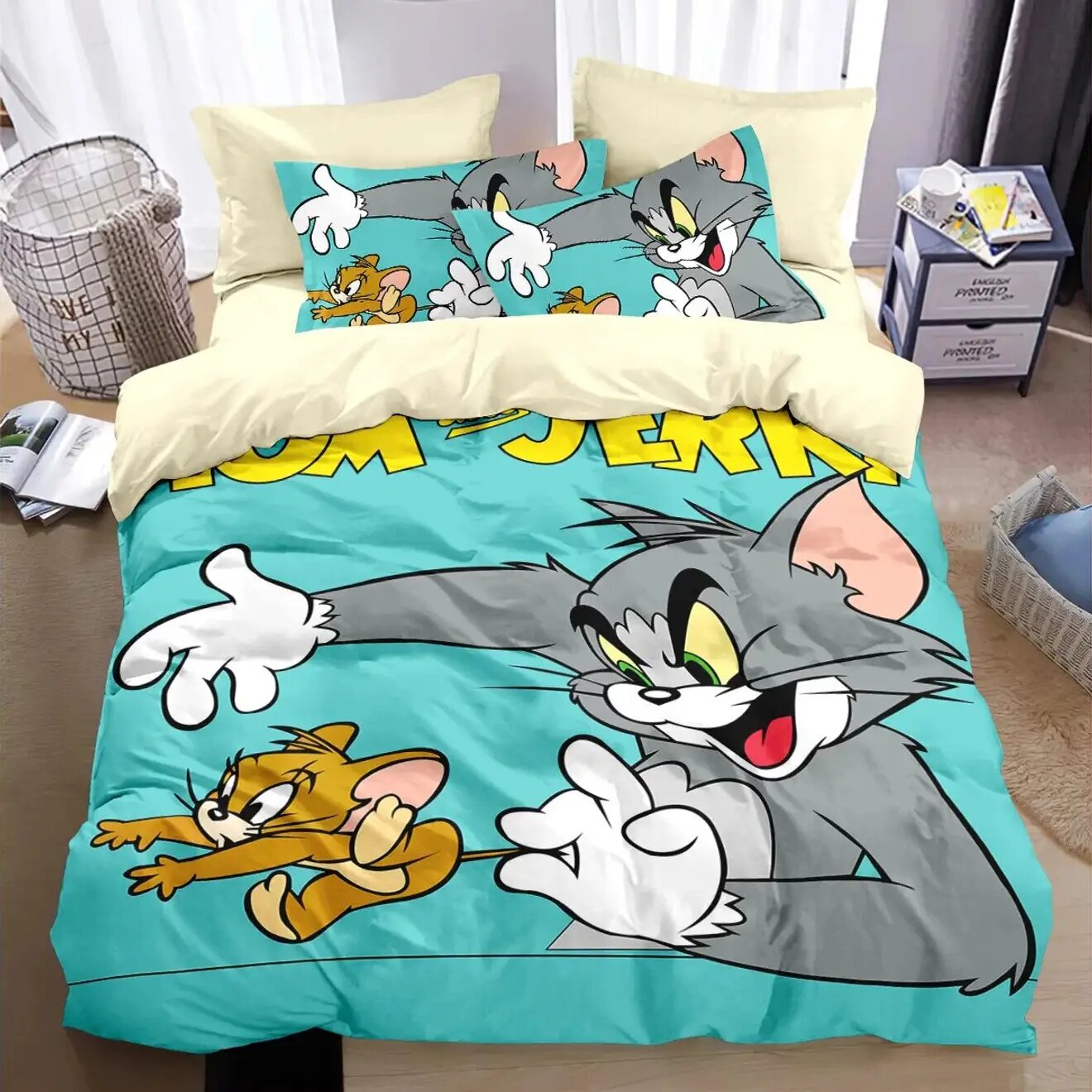 Эксклюзивный набор для сна от MINISO в серых тонах, 4 элемента, 200x230 см, на кровать 1,8 метра, Том и Джерри