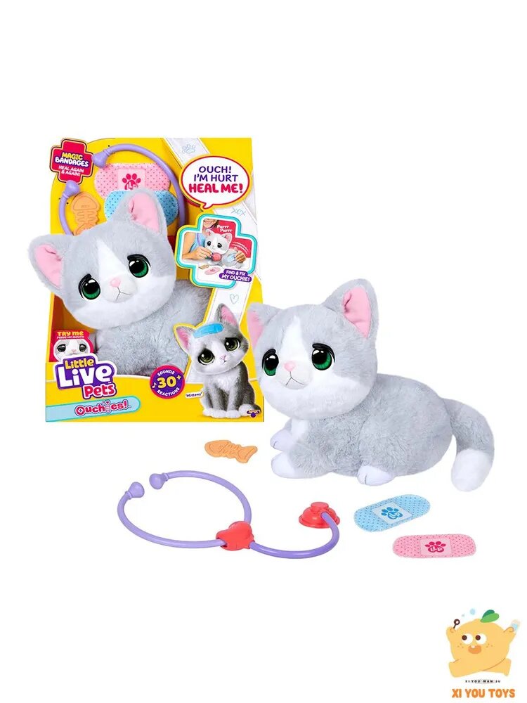 Little Live Pets Ouchies! Mittens Interactive Plush Cat / В детских интерактивных игрушках, включая плюшевых кошек и аксессуары к ним, используются аксессуары для взаимодействия с кошками