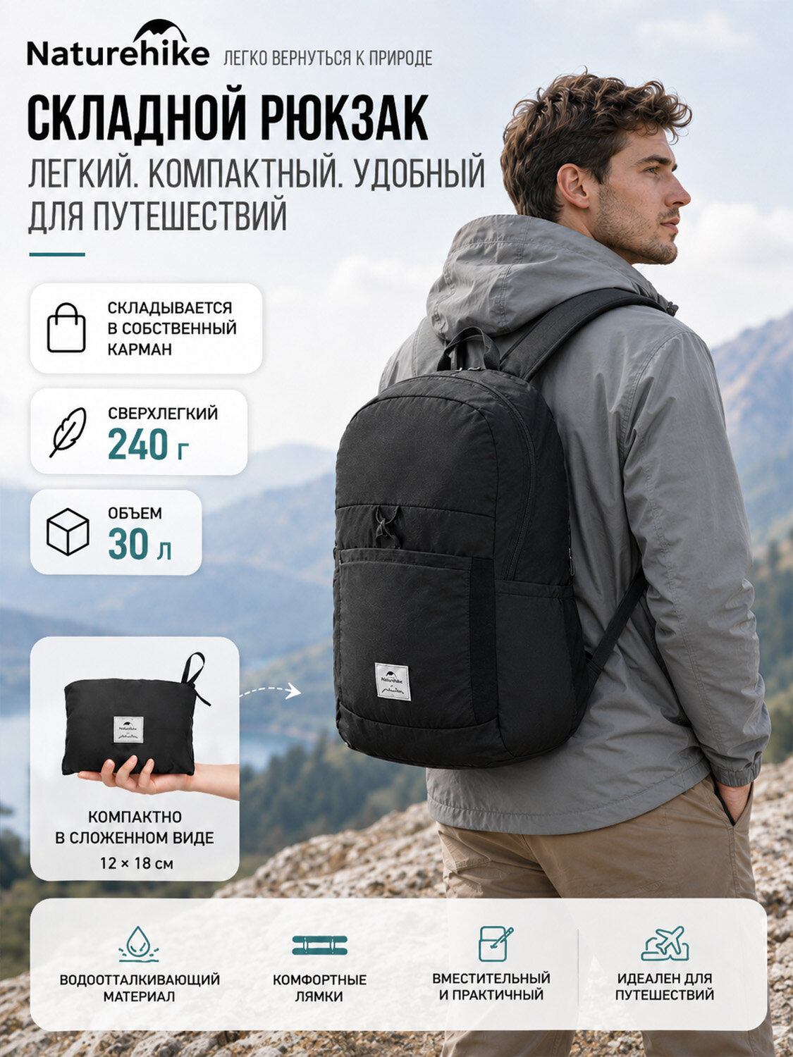 Рюкзак складной Naturehike 30 л, большой лёгкий водонепроницаемый рюкзак в дорогу, компактный для путешествий и похода