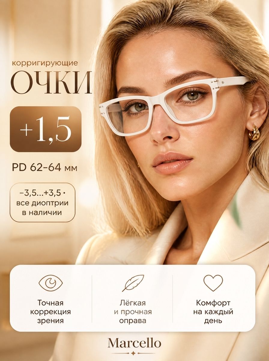 Готовые очки для зрения, Marcello GA0491 C2 с диоптрией +1,5. Форма вайфареры. Очки женские, пластиковые.