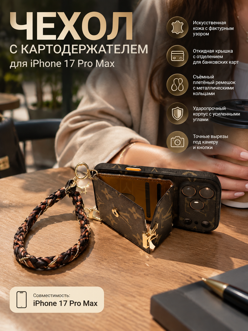 Чехол с картодержателем для iPhone 17 Pro Max, ремешок на запястье, искусственная кожа
