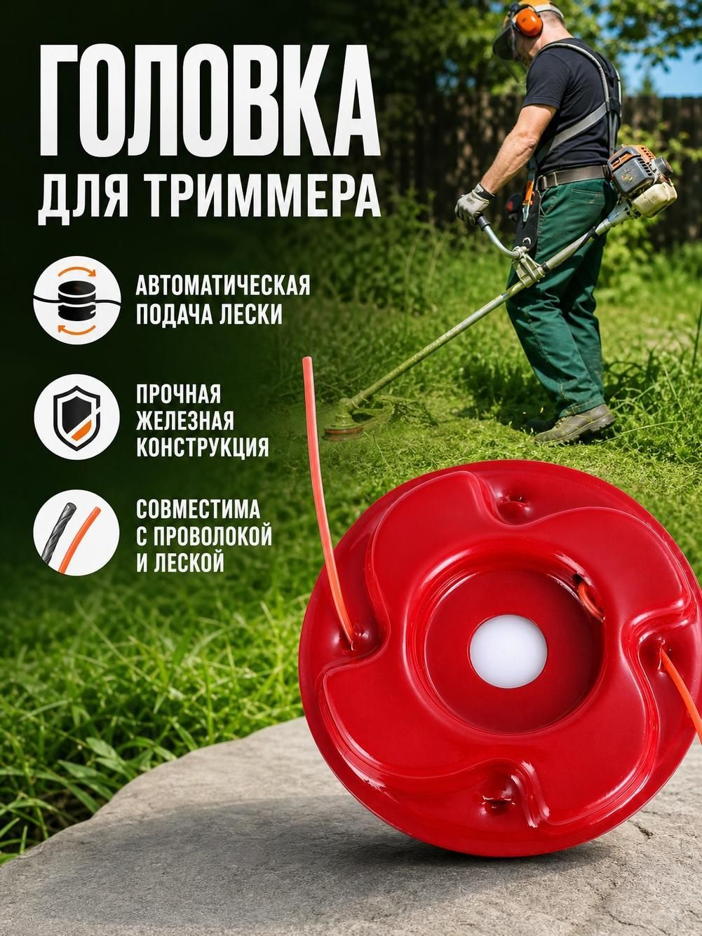 Катушка для триммера, красная, металлическая, с автоподачей лески, 13,5 см