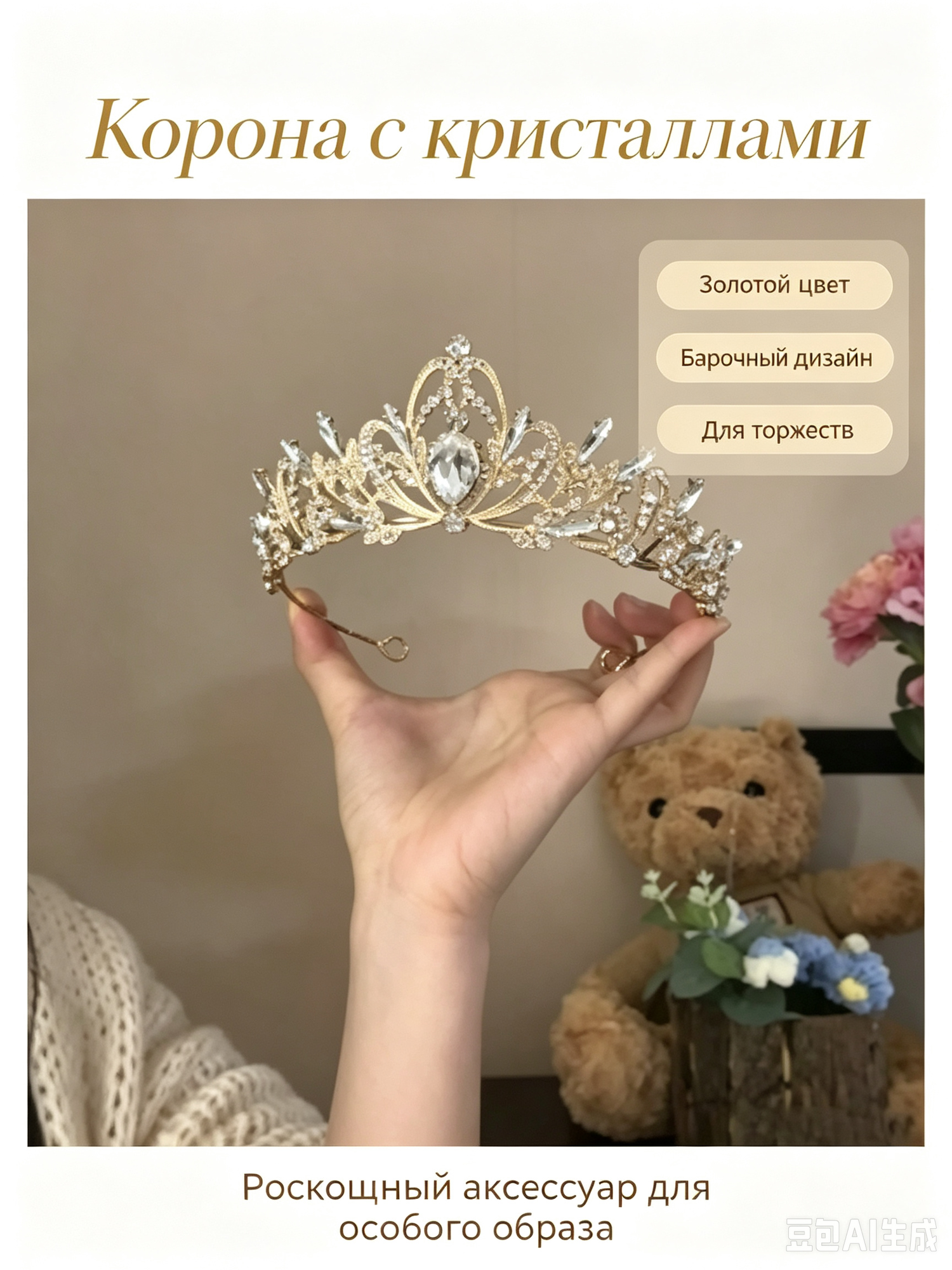 Элегантная корона-ободок с кристаллами, стиль барокко — для вечеринок, фотосессий и торжеств.