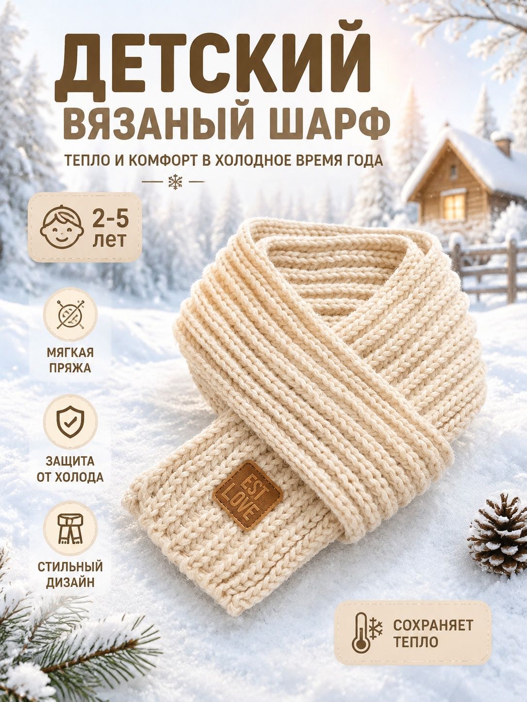 Шарф , 5 лет, бежевый