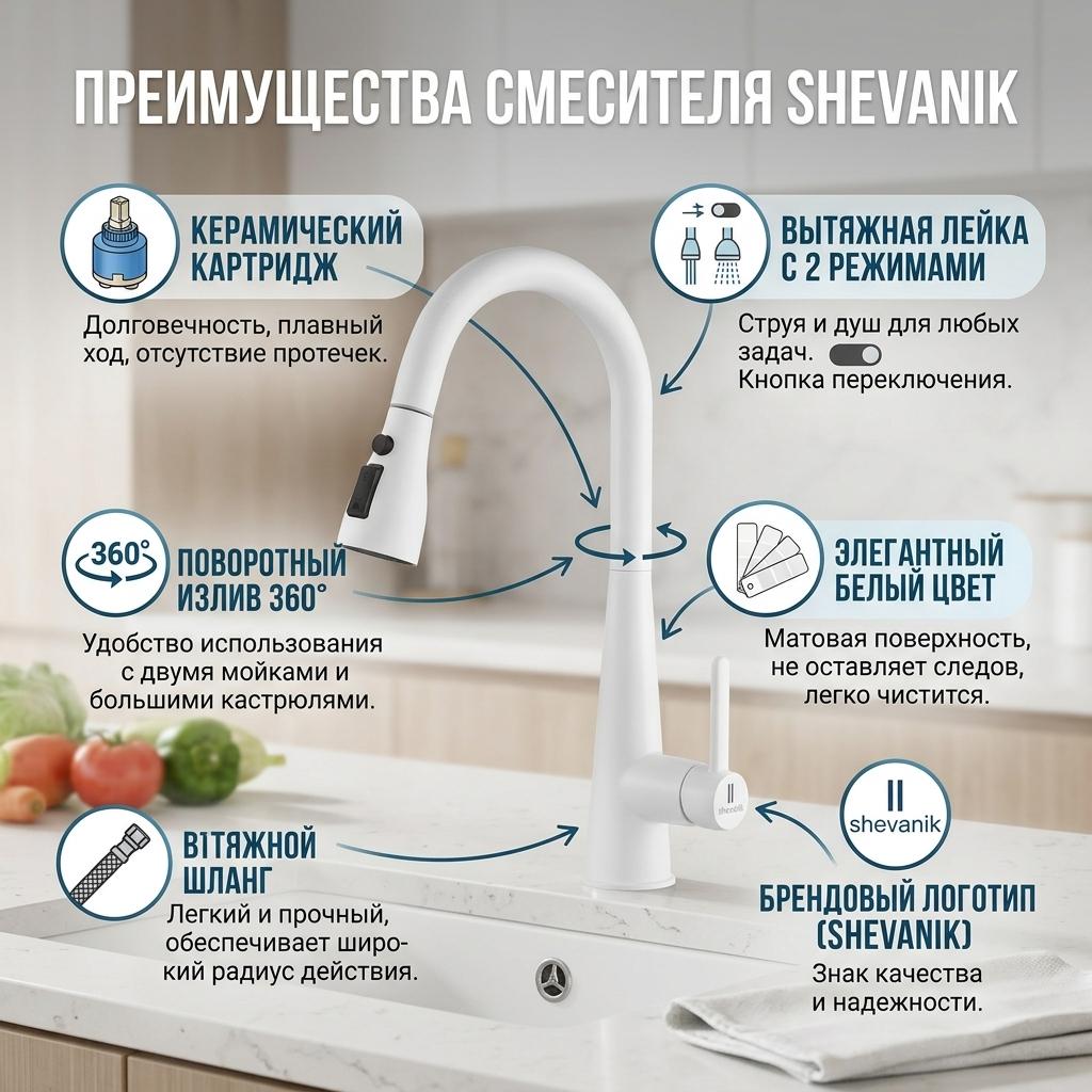 Смеситель для кухни с выдвижным изливом Shevanik S3JH63SKC, белый