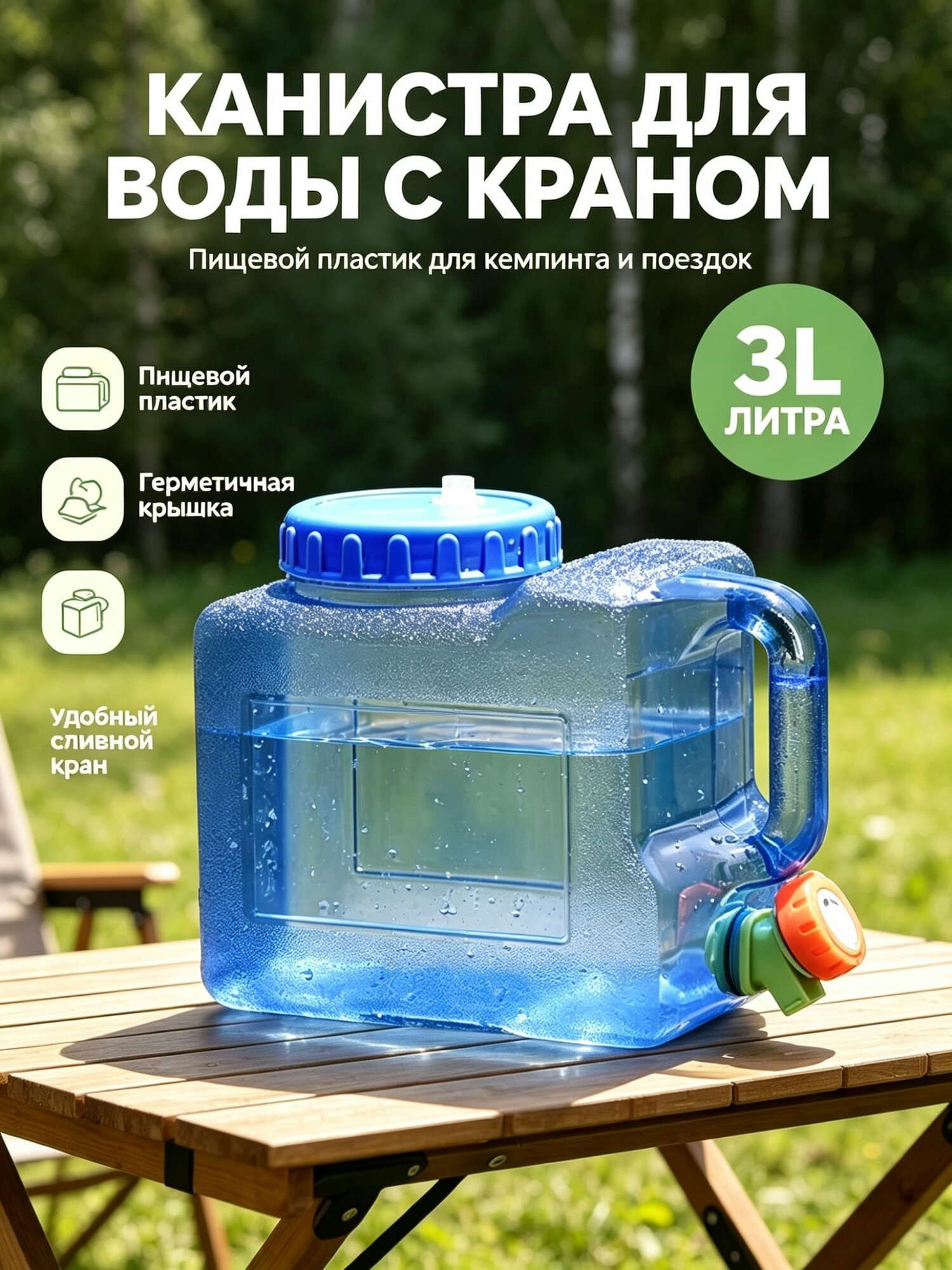 Канистра для воды 3 л с краном, пищевой пластик, походный водобак для кемпинга, дачи, автомобиля
