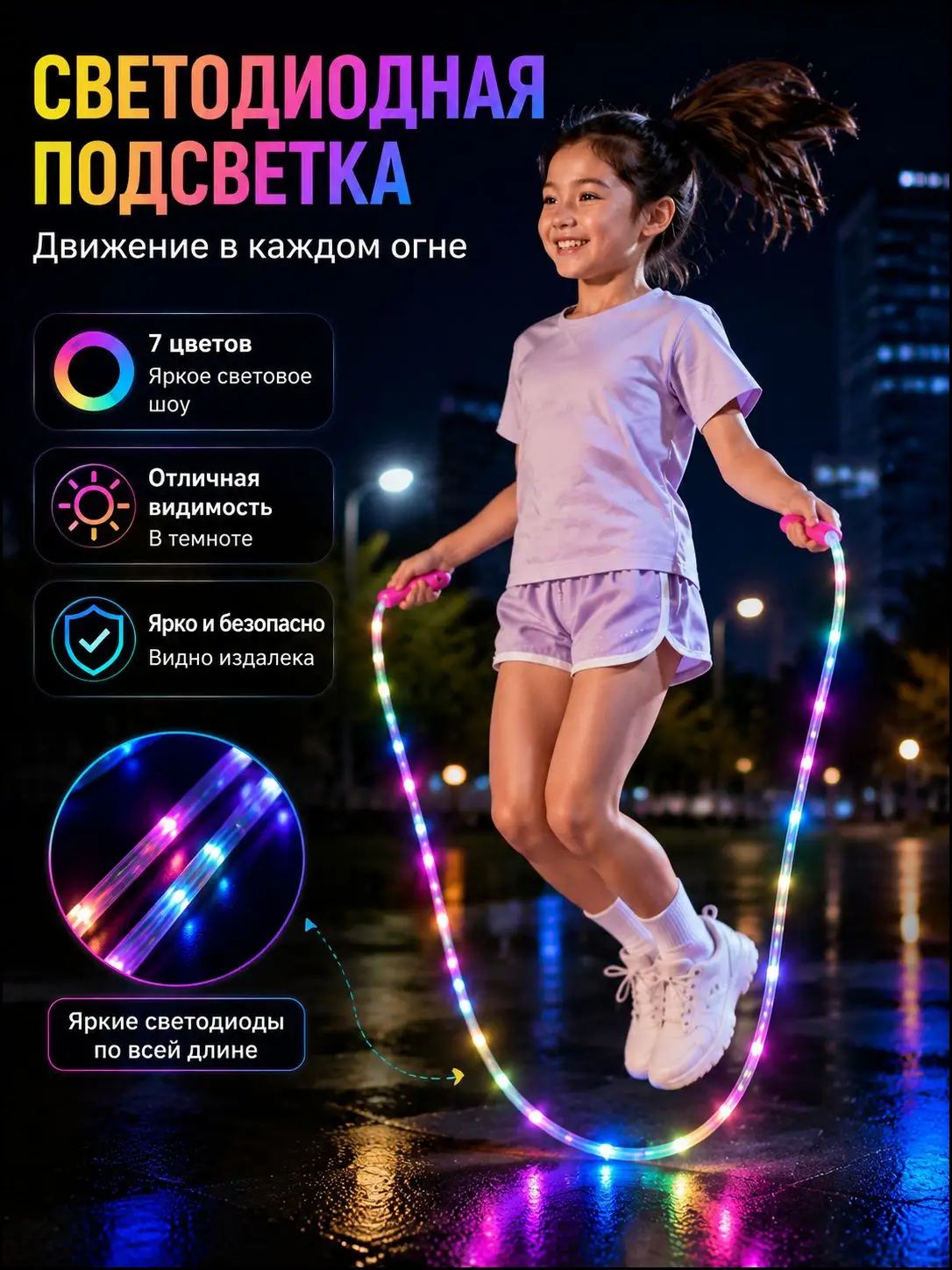 Светящаяся скакалка с LED-подсветкой, 3 режима мигания, длина 260 см, розовая