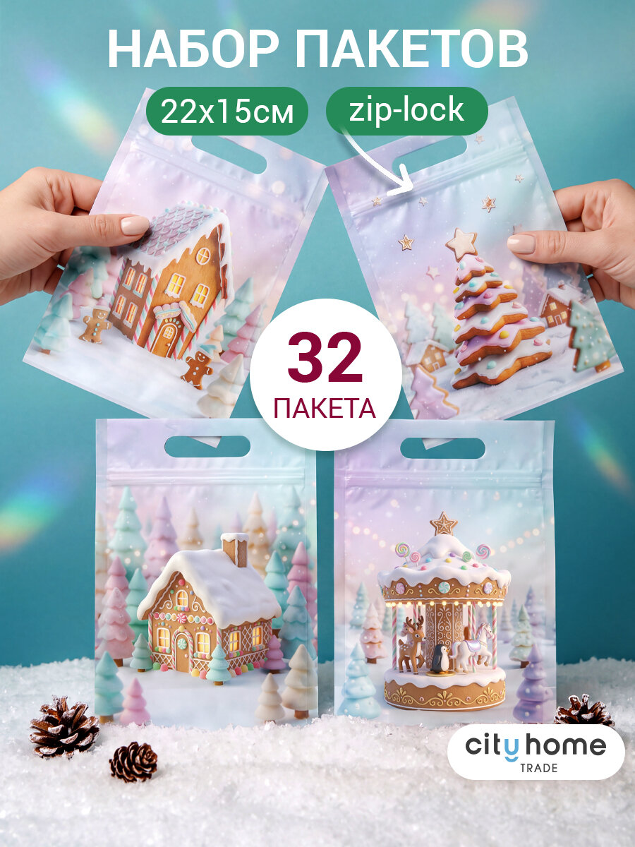 Пакеты подарочные новогодние, для сладостей, 22x15 см, набор 32 шт