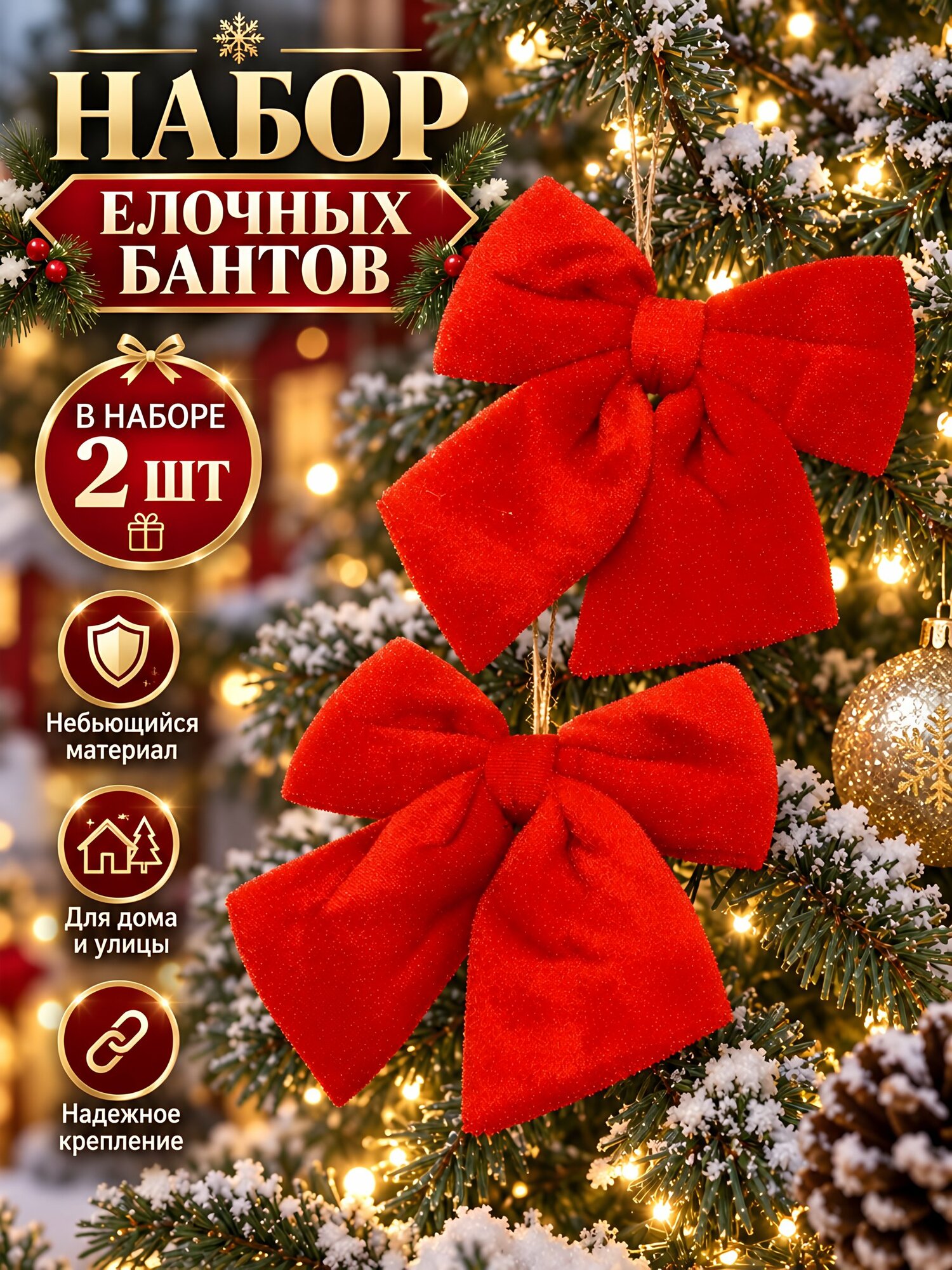 Набор елочных украшений «Бант», 2 шт, красные, полиэстер, 12х2 см, для дома и уличной елки