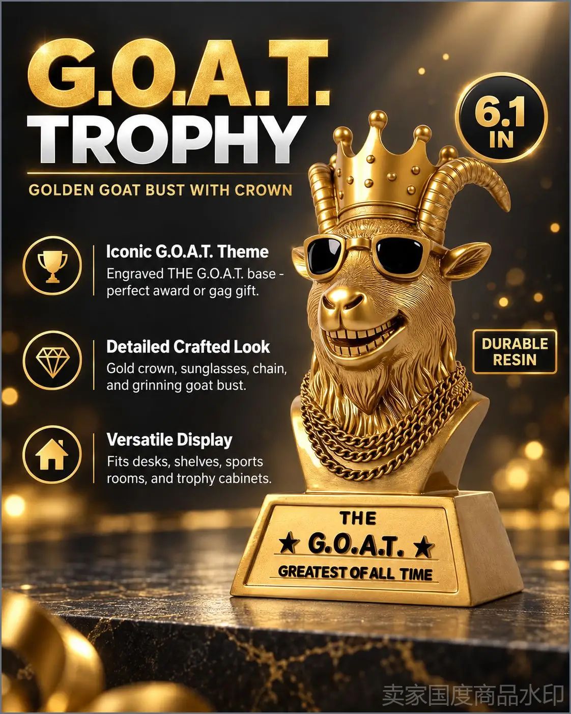 Статуэтка бюст козла золотистый из смолы G.O.A.T. для подарков и наград