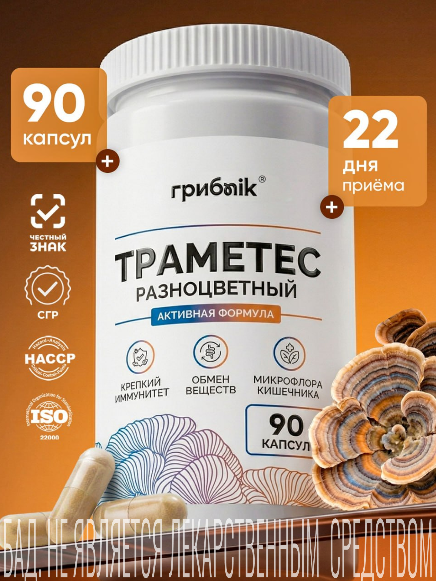 Траметес разноцветный мицелий, для иммунитета, 90 капсул 500 мг, грибnik