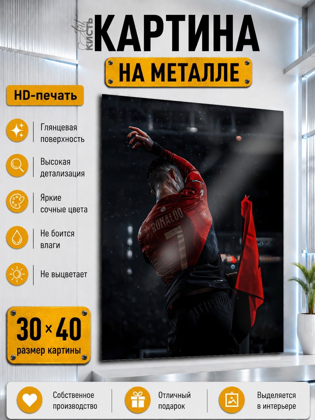 Картина на металле интерьерная на стену 30х40 Спорт Футболист Криштиану Роналду