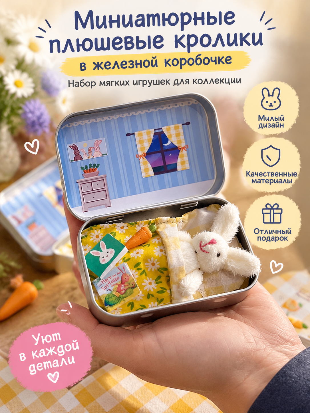 Плюшевый миниатюрный кролик в жестяной коробке, мягкая игрушка, оригинальный подарок и сувенир