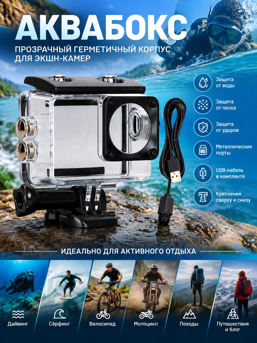 Прозрачный аквабокс для экшн-камеры с USB-кабелем и креплением, герметичный защитный корпус