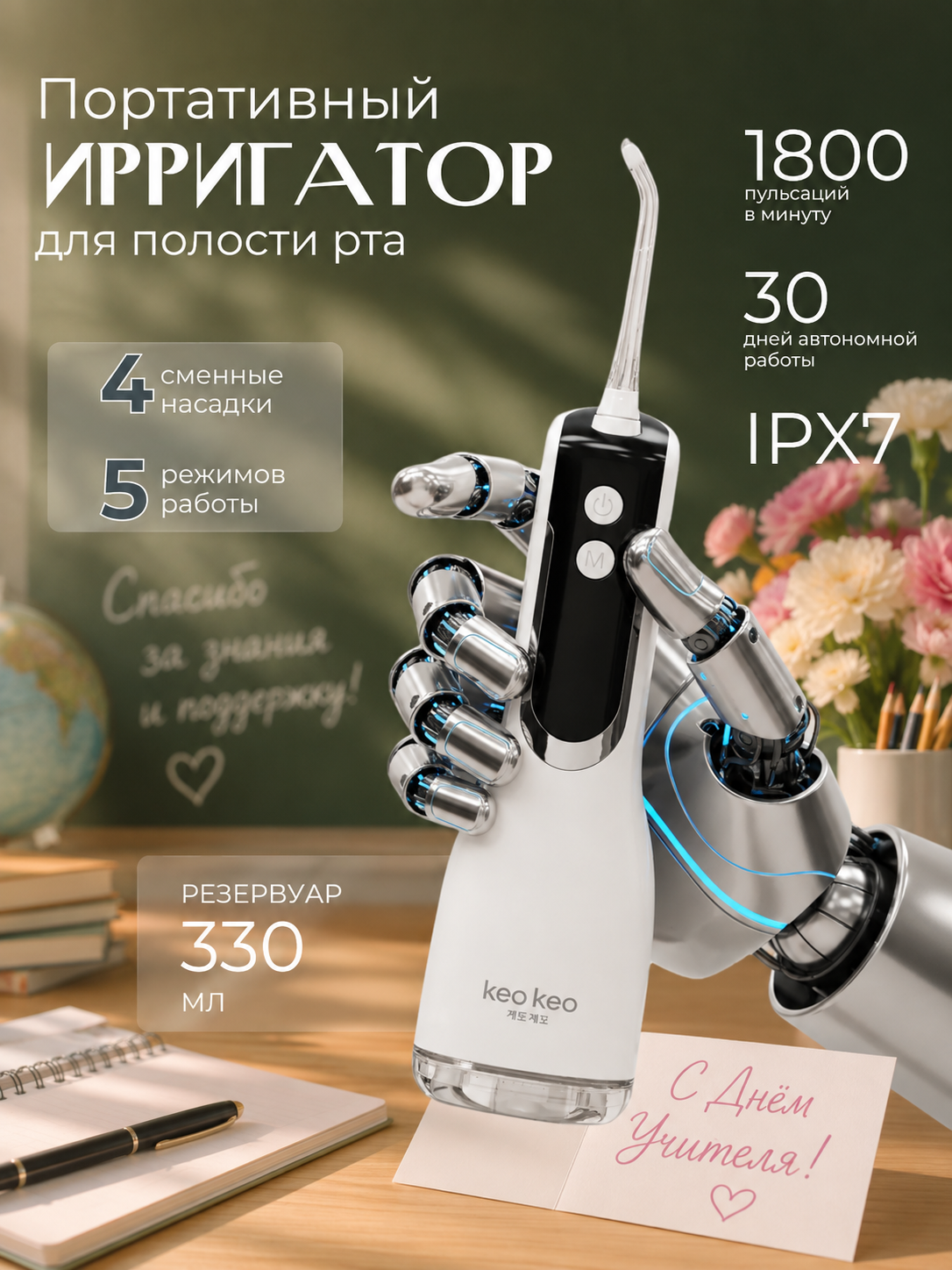 Портативный Ирригатор для полости рта Keo Keo 4 насадки, Емкость 330 мл, 5 режимов работы L12-02