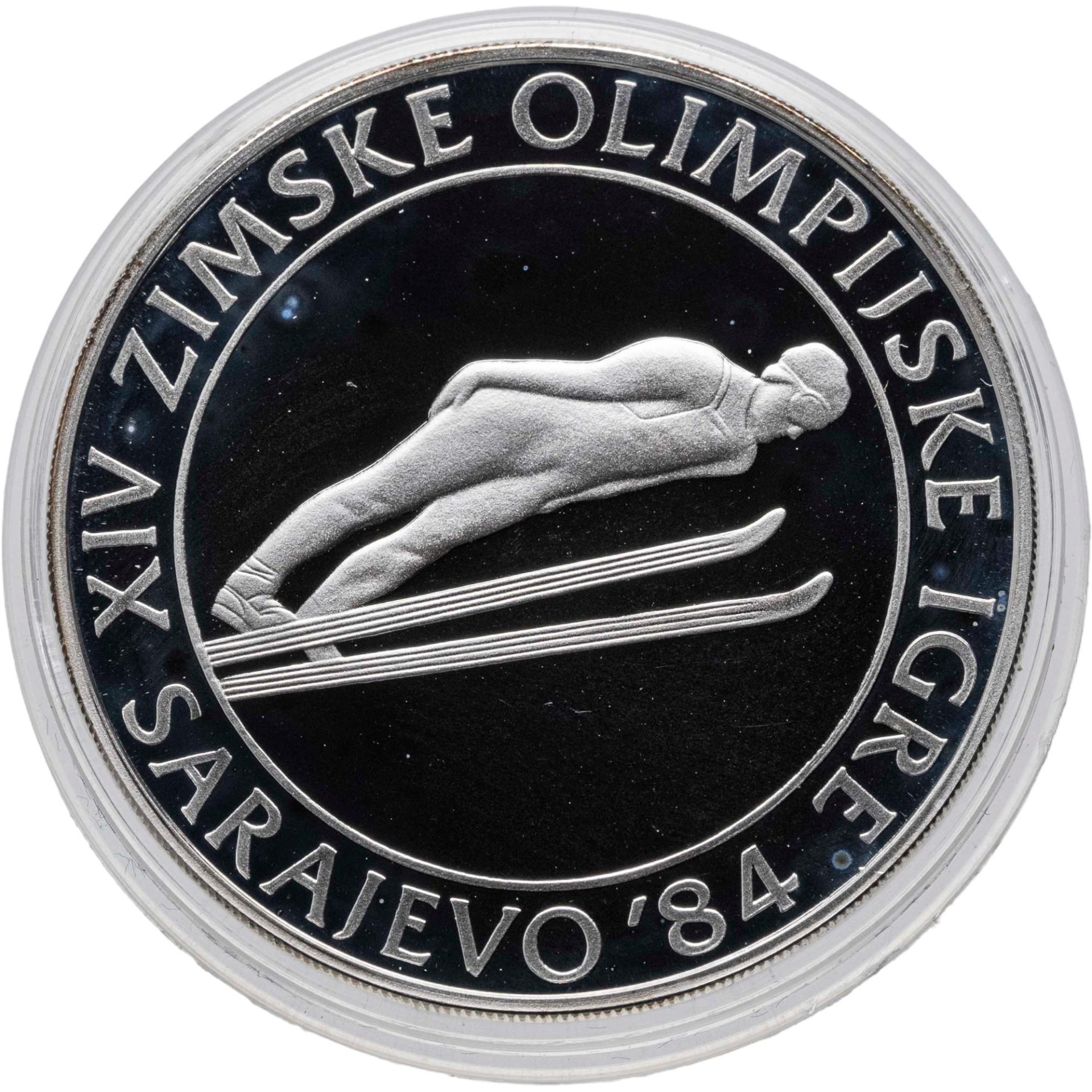 Югославия 500 динаров динара, dinara 1983 XIV зимние Олимпийские игры, Сараево 1984 - Прыжки на лыжах с трамплина, Серебро 925, в сохранности Proof
