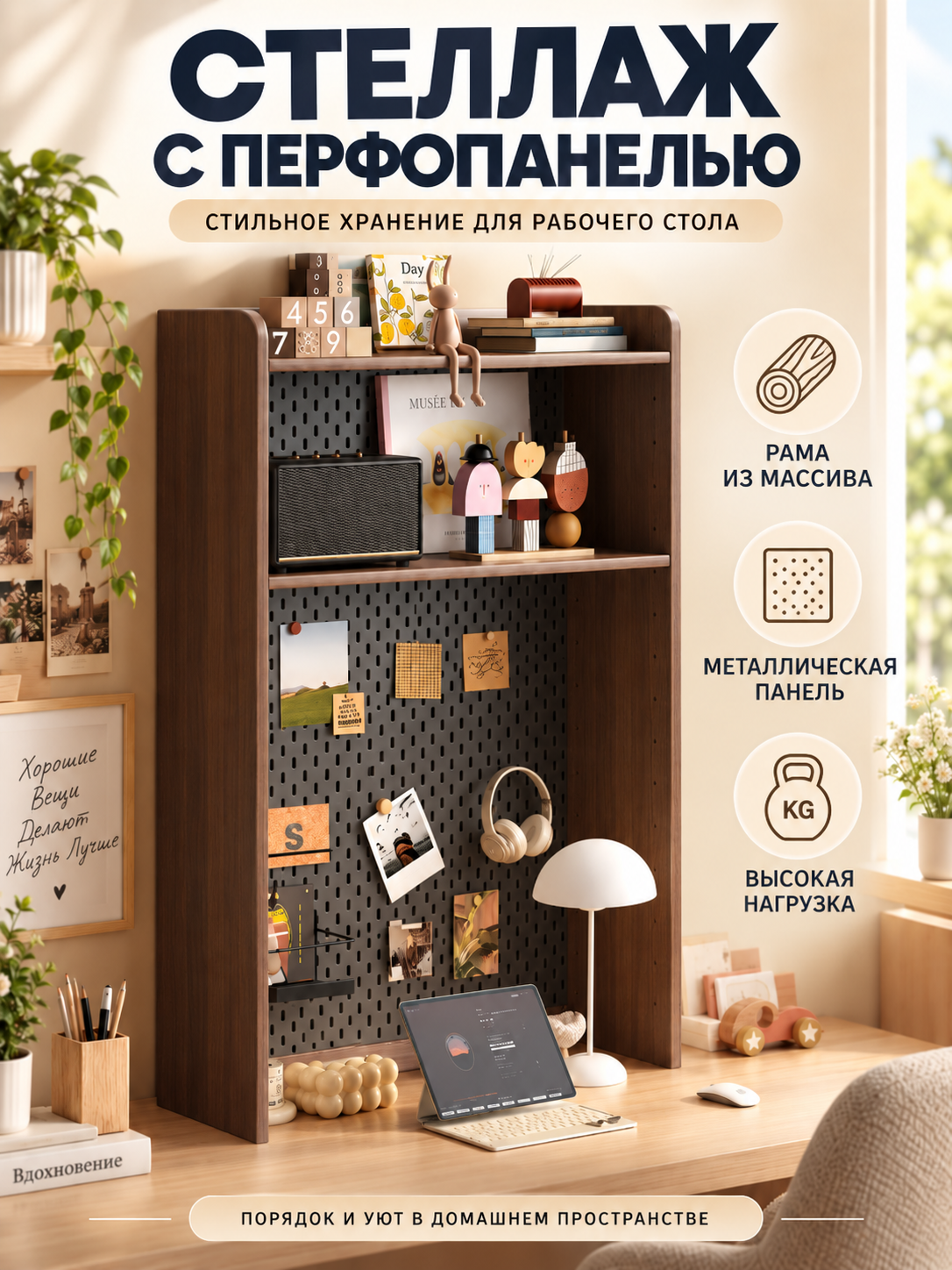 Стеллаж настольный с металлической перфопанелью, многоуровневая полка‑органайзер для хранения гаджетов, фото и мелких вещей на столе в комнате