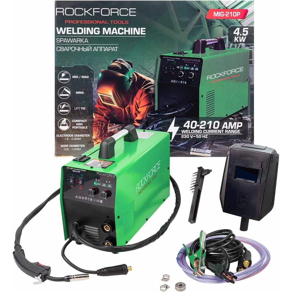 Rockforce Сварочный аппарат 4.5кВт, 230В, диаметр электрода - 1.6-4 мм, диаметр проволоки - 0.6-1 мм, сварочный ток - 40-210А RF-MIG-210P(58936)