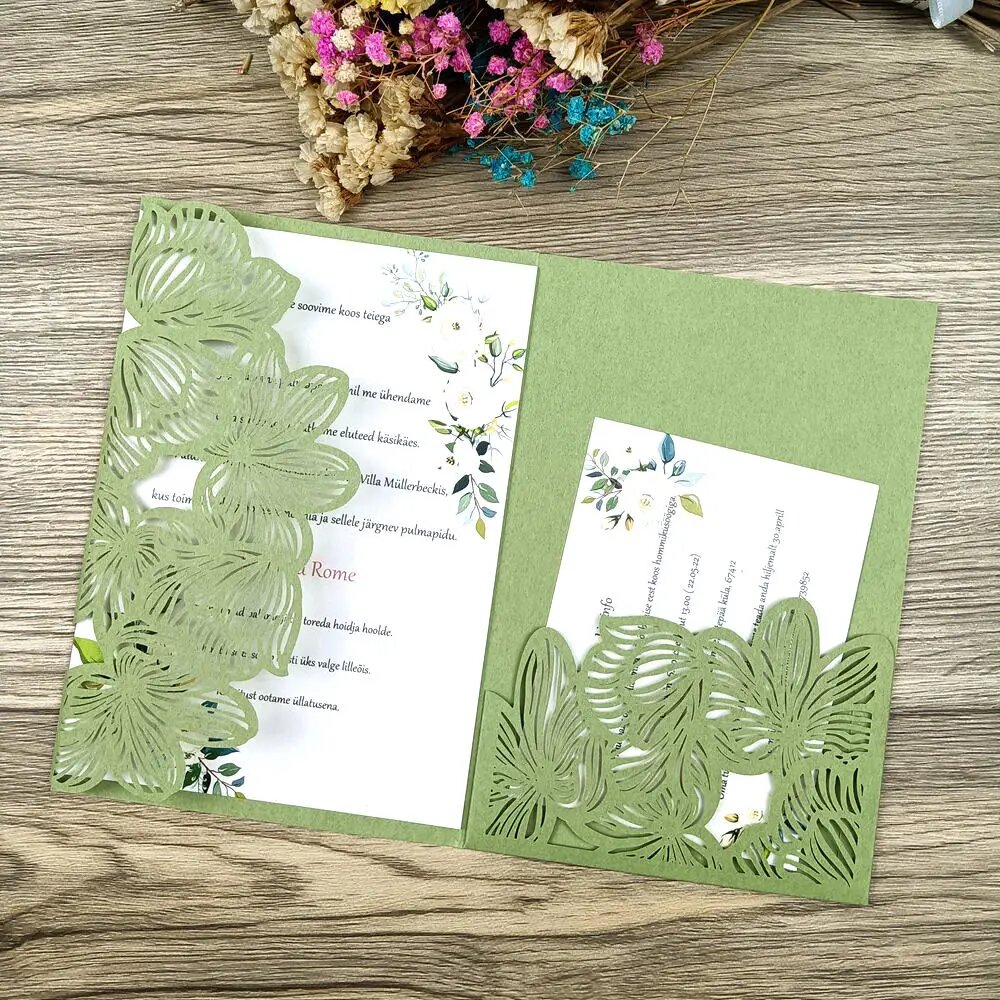 Свадебное приглашение с зелеными листьями Зеленый, laser cover only, matte sage green3