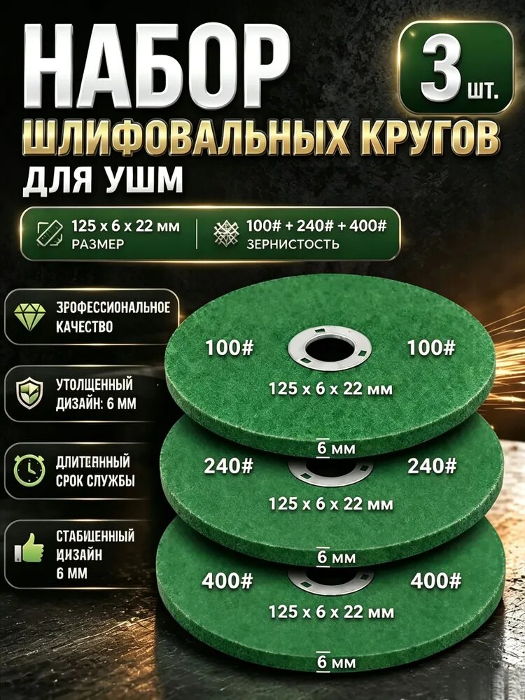 Набор шлифовально-точильных кругов 125 мм 3 шт для УШМ болгарки, сетчатый абразив 100# 240# 400#, для заточки сверл, ножей, полировки металла