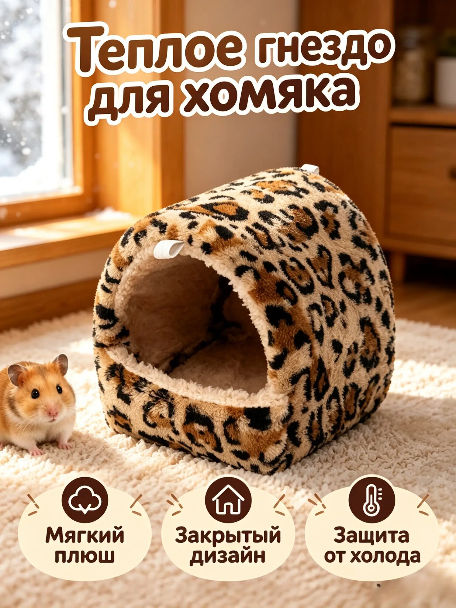 Домик для грызунов из кораллового флиса темно-коричневый леопардовый узор средний размер 15 на 15 см с крючками（2 штуки）