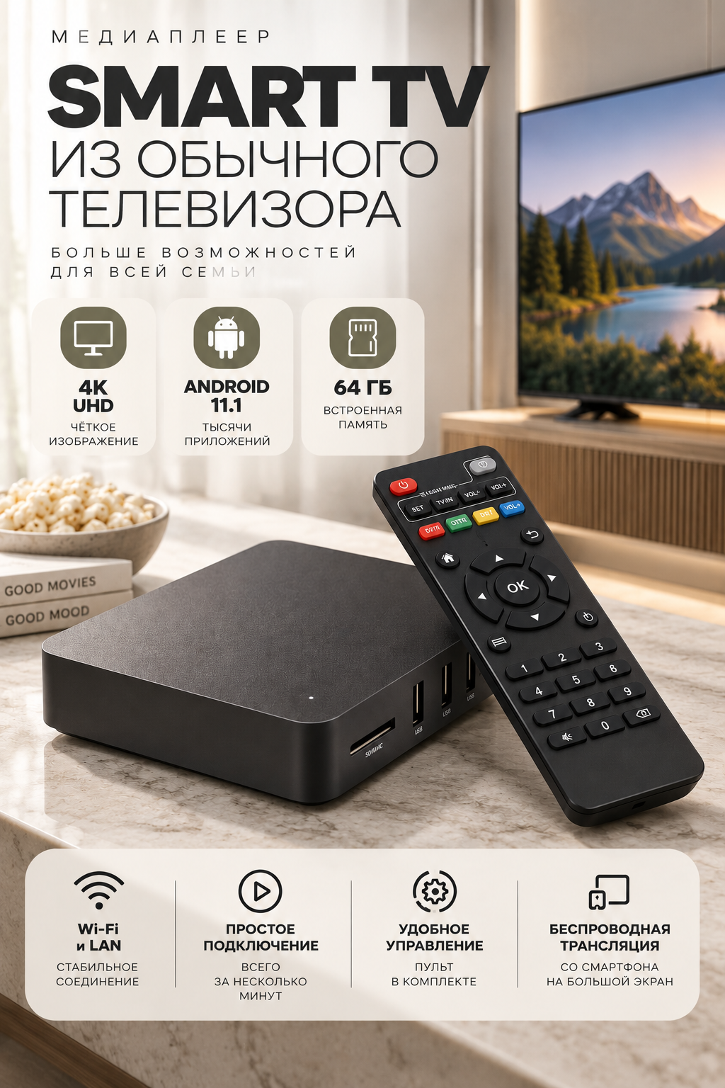 Цифровая смарт ТВ приставка, аксессуар для техники, гаджет для дома