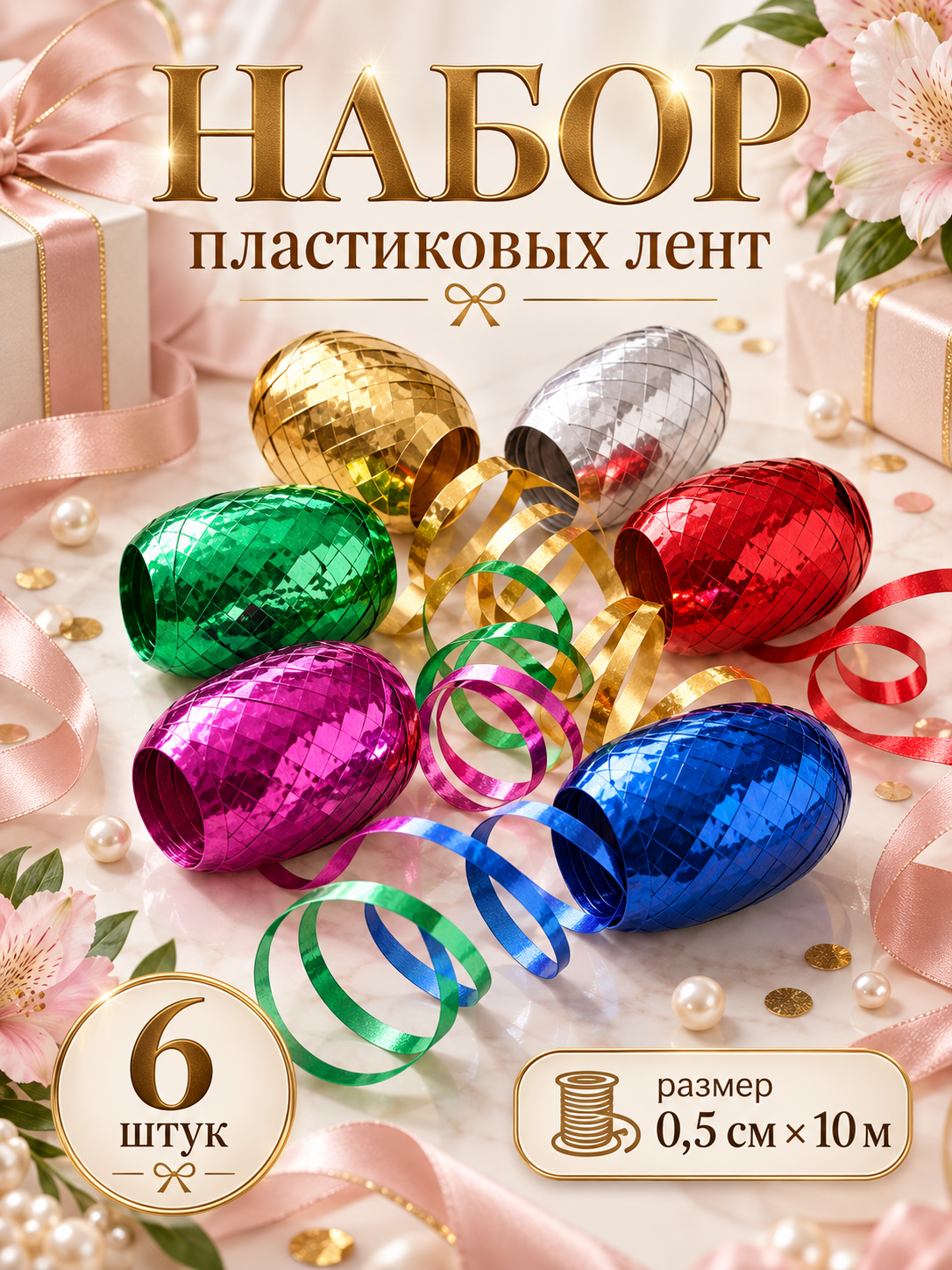 Лента упаковочная металлизированная, ассорти, набор 6 шт, 0,5 см х 10 м
