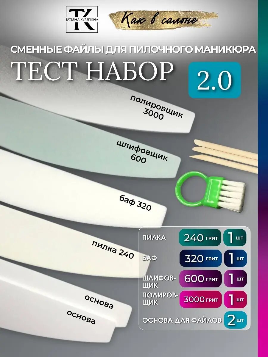 Тест набор 2.0 - сменные файлы для пилочного маникюра, 4 шт 240/320/600/3000 грит с 2 акриловыми основами