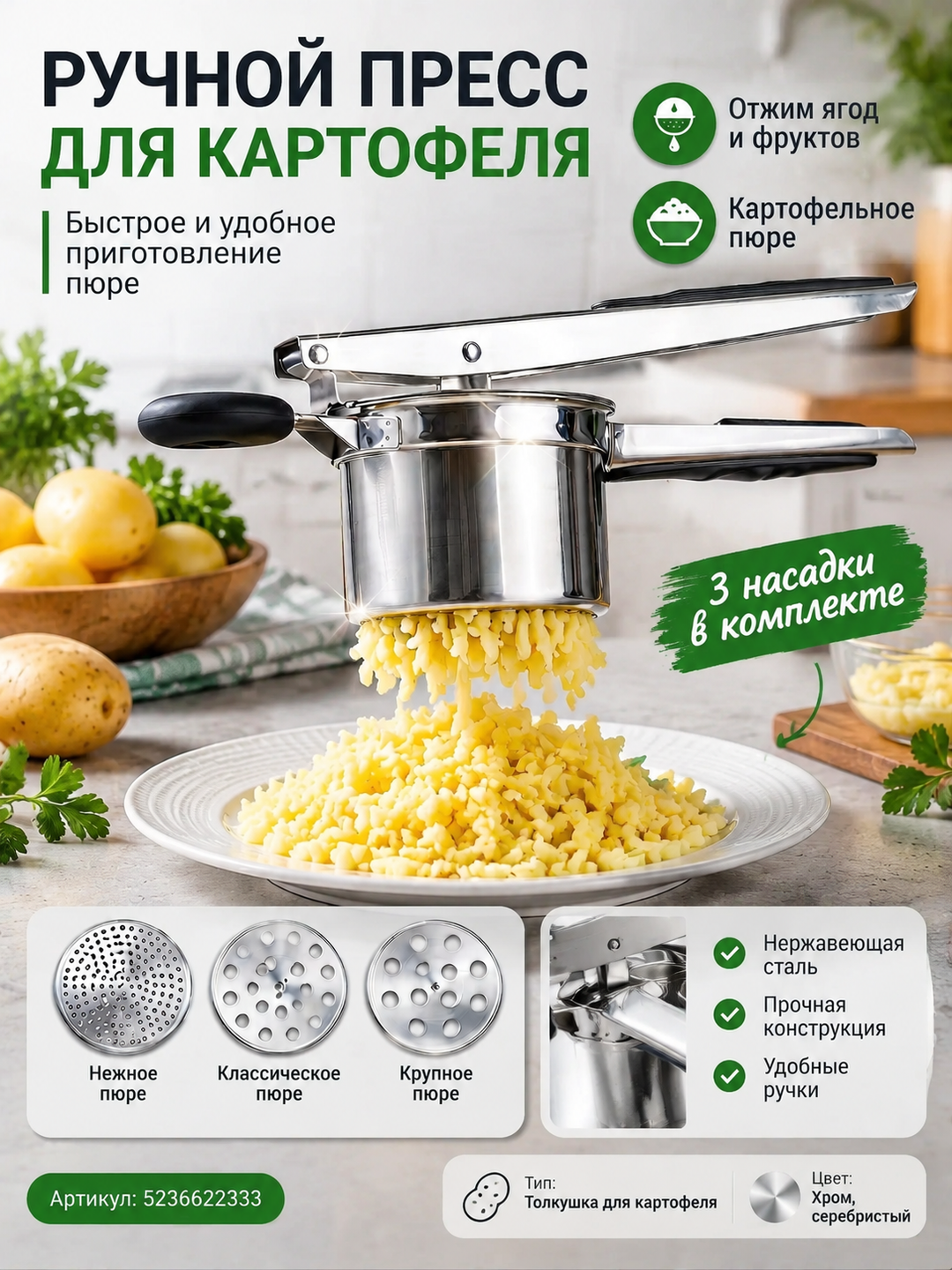 Ручной пресс для картофеля с 3 сменными насадками