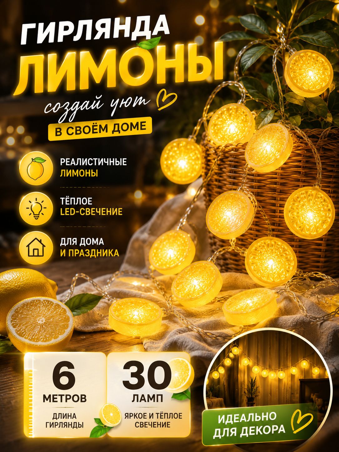 Гирлянда интерьерная лимоны / Электрогирлянда нить фигурная, 6 м