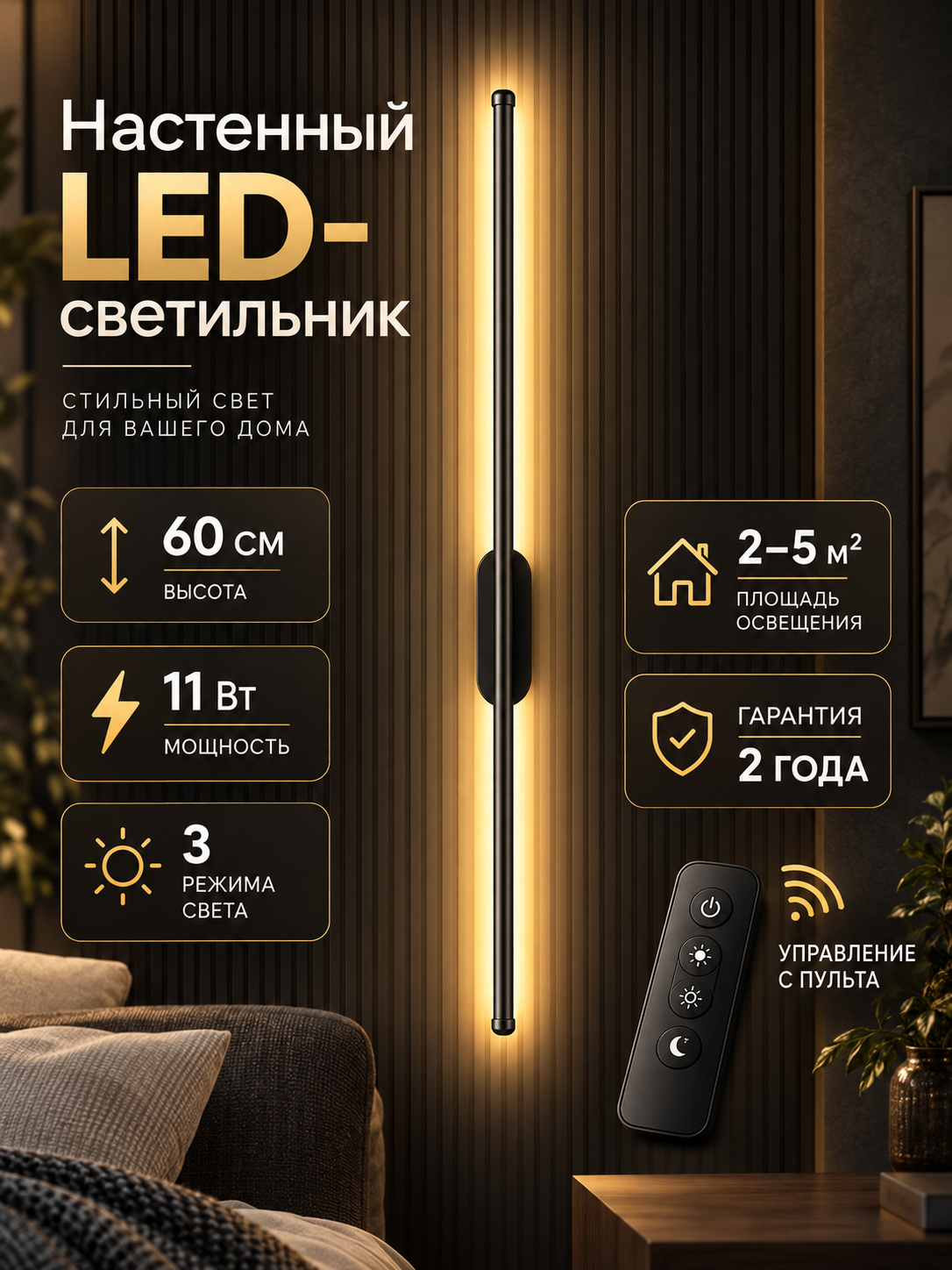 Современный настенный LED светильник с пультом, 3 режима света 3000-6000K для спальни и гостиной