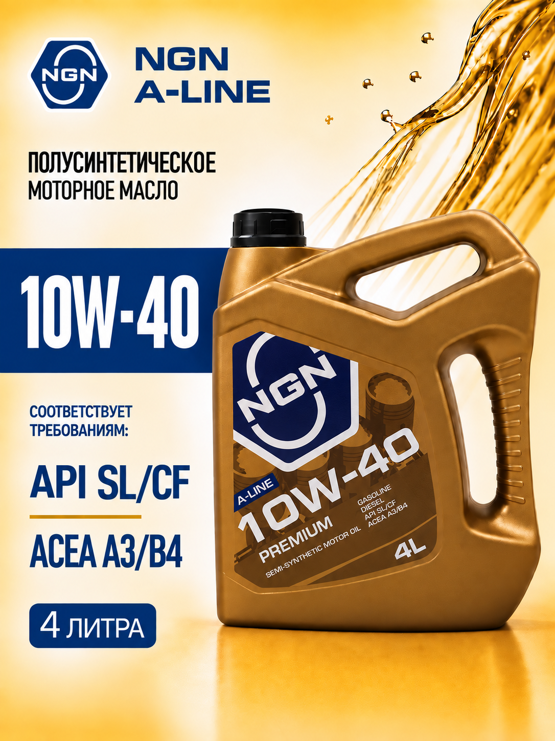 Моторное масло NGN Premium 10w-40, полусинтетическое, 4 литра